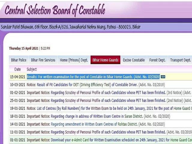 CSBC Bihar Police Homeguard Result 2021 Out @csbc.bih.nic.in: Physical ...