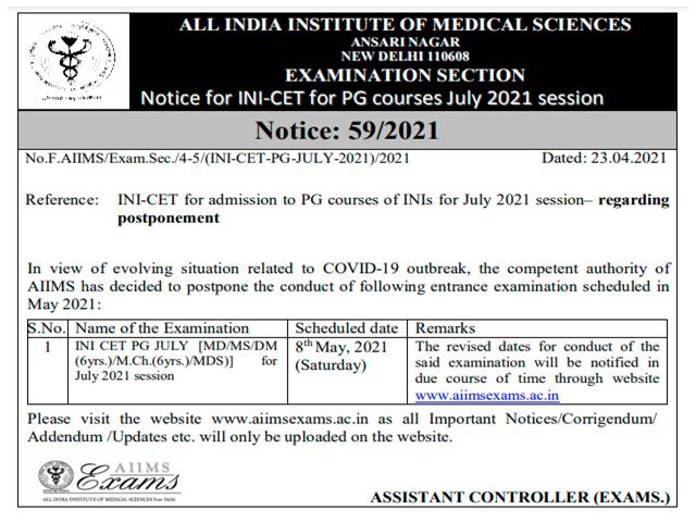 INI CET 2021 Exam Postponed by AIIMS due to COVID-19, Revised Date to ...
