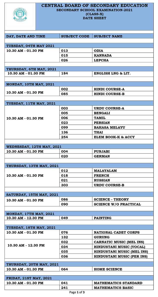 CBSE Class 10 Date Sheet 2021 Time Table CBSE Board Exam 2021 Class CBSE Class 10 Date Sheet 2021 Time Table CBSE Board Exam 2021 Class