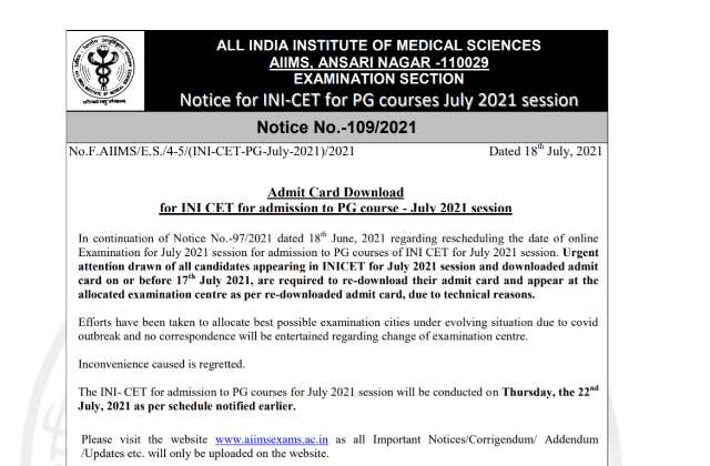 INI CET 2021 Admit Card: AIIMS Releases Notification, says to Re ...