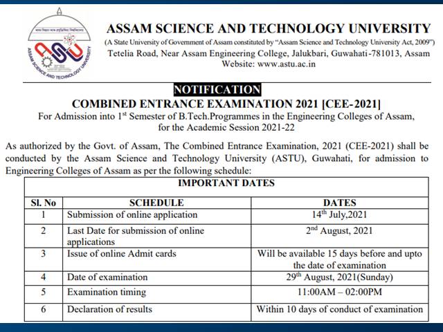 Assam CEE 2021 Exam Notification Released, Application Process to Begin from 14th July at astu ...