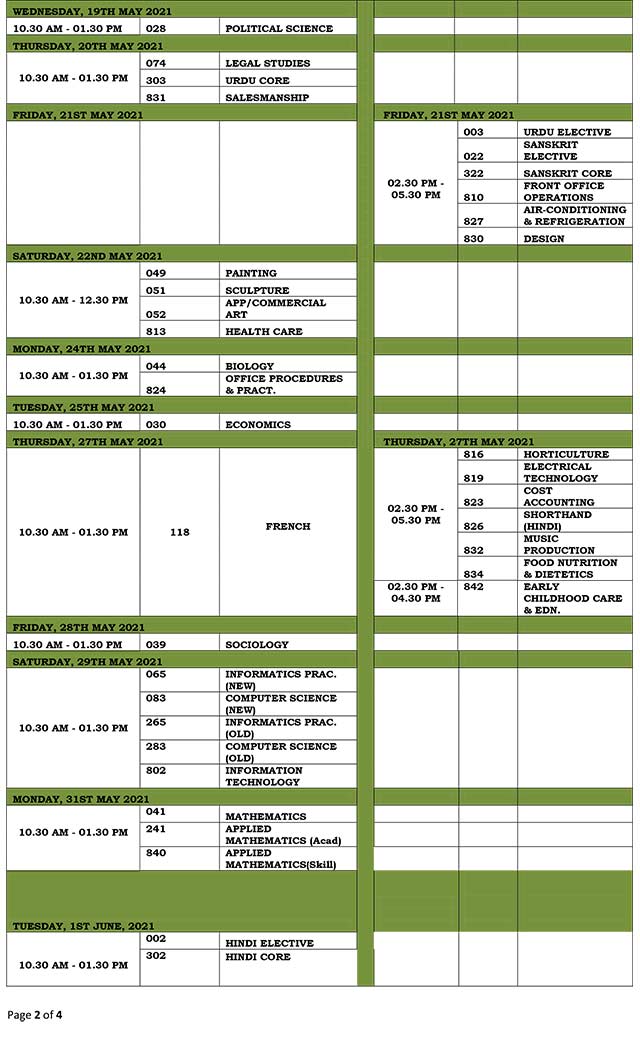  10th Cancelled 12th Postponed CBSE Date Sheet Time Table 2021
