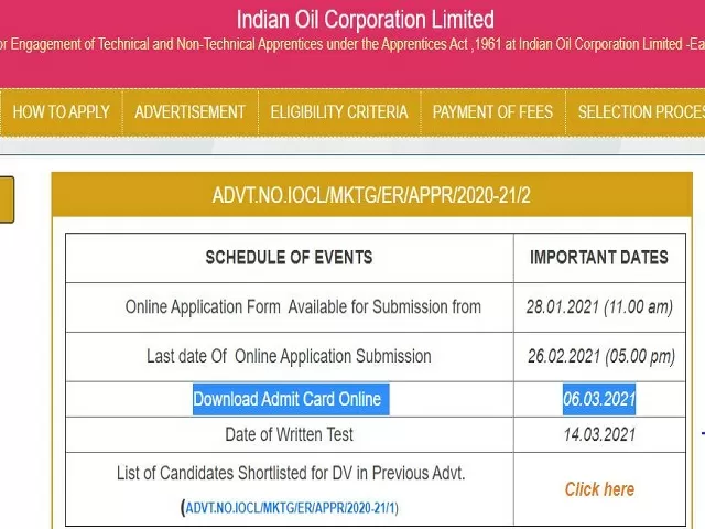 IOCL Admit Card 2021 Out: Download Eastern Region Non Technical and ...