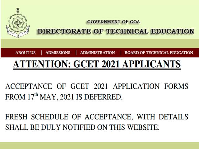 Goa CET 2021: DTE Goa postpones GCET 2021 Application Process Scheduled ...