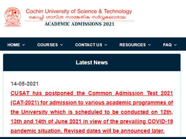 CUSAT CAT 2021 Postponed due to COVID-19, Revised Dates to be Announced ...