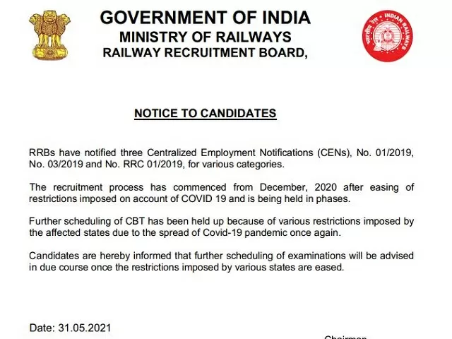 RRB Group D and NTPC Exam 2021 Date on Hold: Official Notice Released ...
