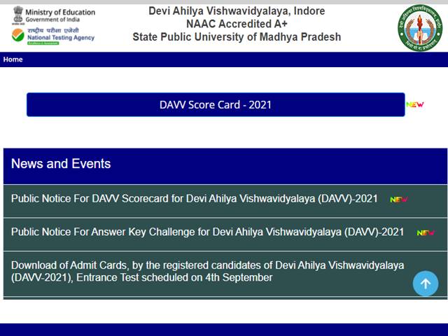 DAVV CET Result 2021 Declared, Check Devi Ahilya Vishwavidyalaya Common ...