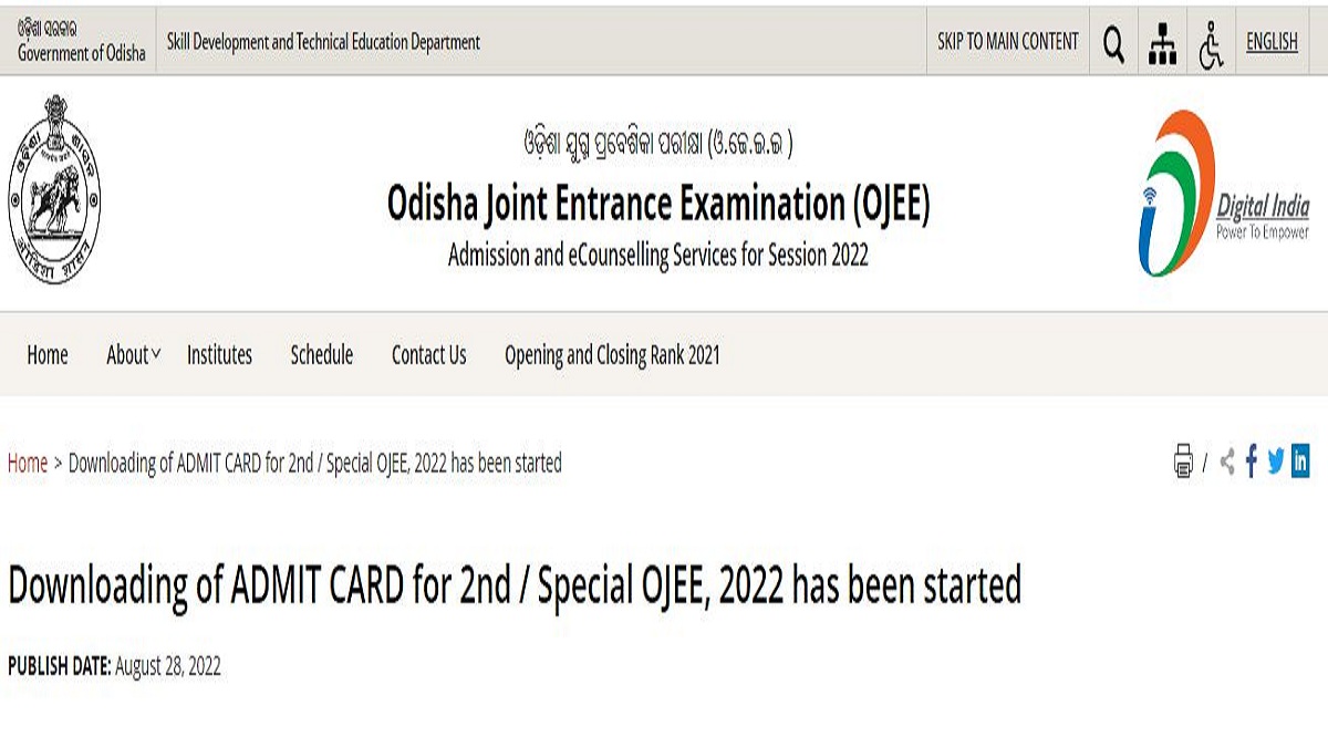 Special OJEE 2022 Exam Admit Card Released, Download at ojee.nic.in ...
