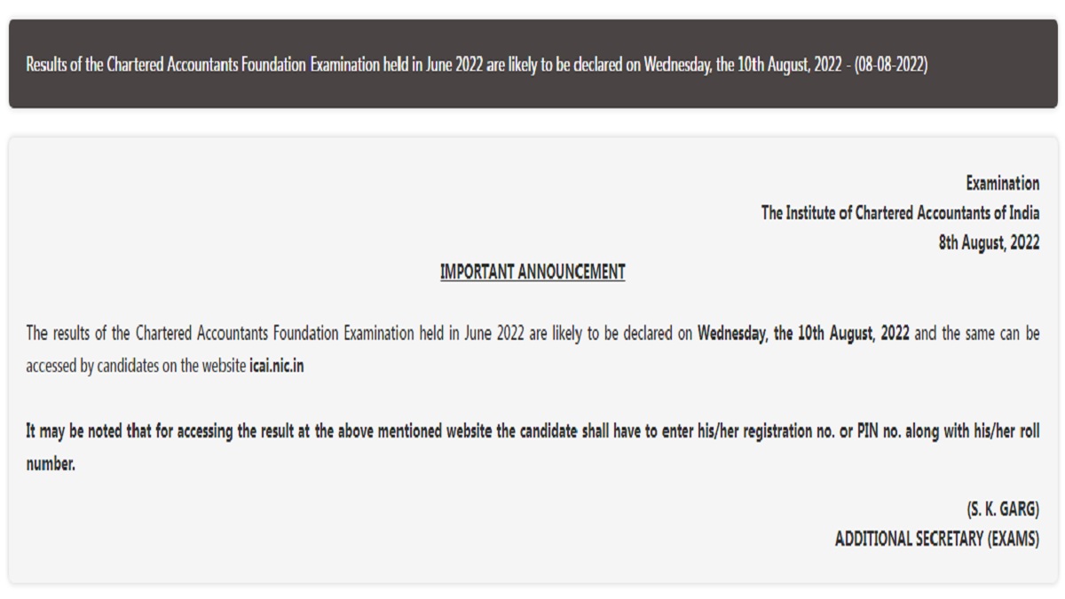 ICAI CA June Session Foundation Results 2022 on August 10, Check ... ICAI CA June Session Foundation Results 2022 on August 10, Check ...