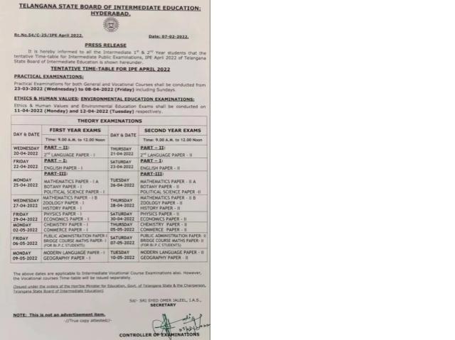TS Intermediate Time Table 2022 (OUT): Check Tentative Exam Date Sheet ...