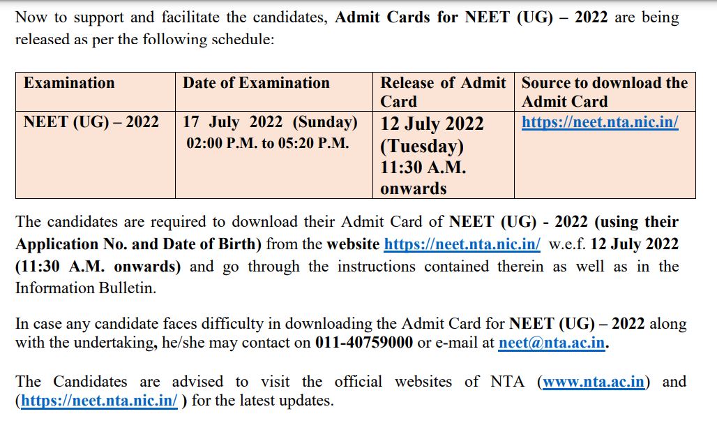 NEET UG Admit Card 2022 (OUT) Live: NEET Hall Ticket Released at neet ...