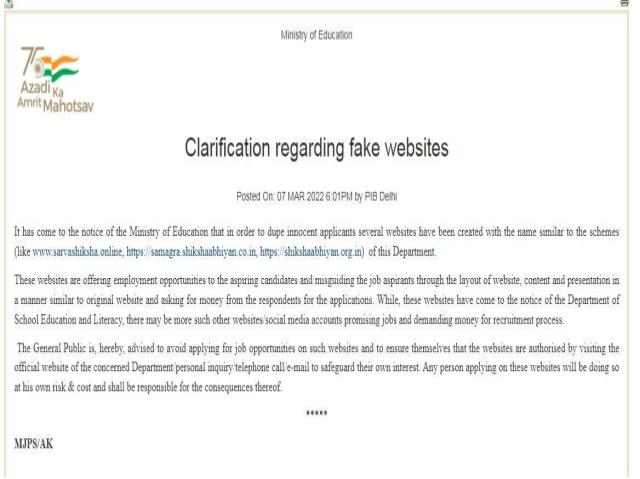 List of 'fake websites' offering government jobs released by Education ...