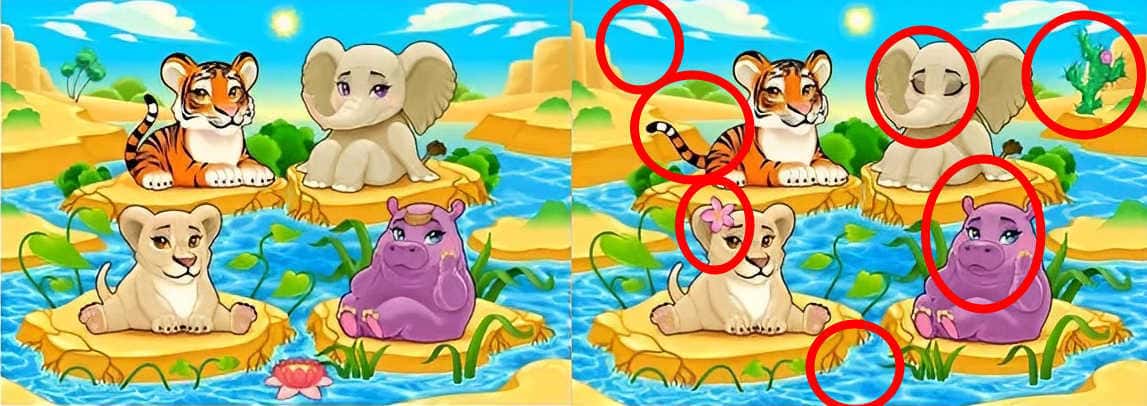 Spot 7 differences between the two animal party pictures in 17 seconds!