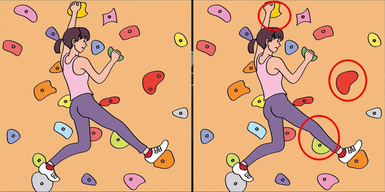 Spot 3 differences between the girl climbing rock pictures in 10 seconds!