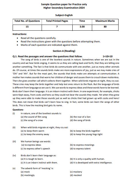 MP Board 12th English Model Paper 2024: Download Class 12 English ...