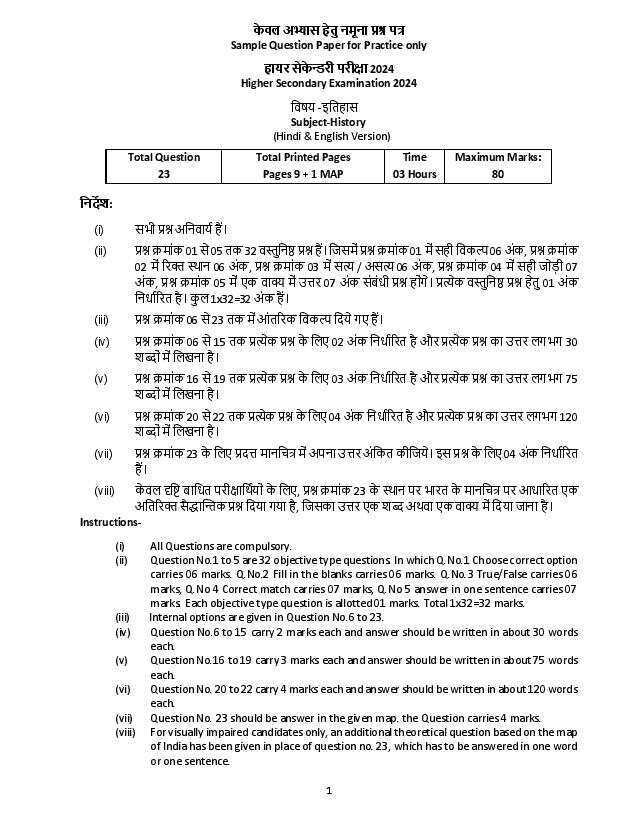 MP Board 12th History Model Paper 2024: Download Class 12 History ...