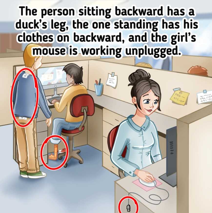 Only geniuses can spot 3 mistakes in the office picture within 8 seconds.