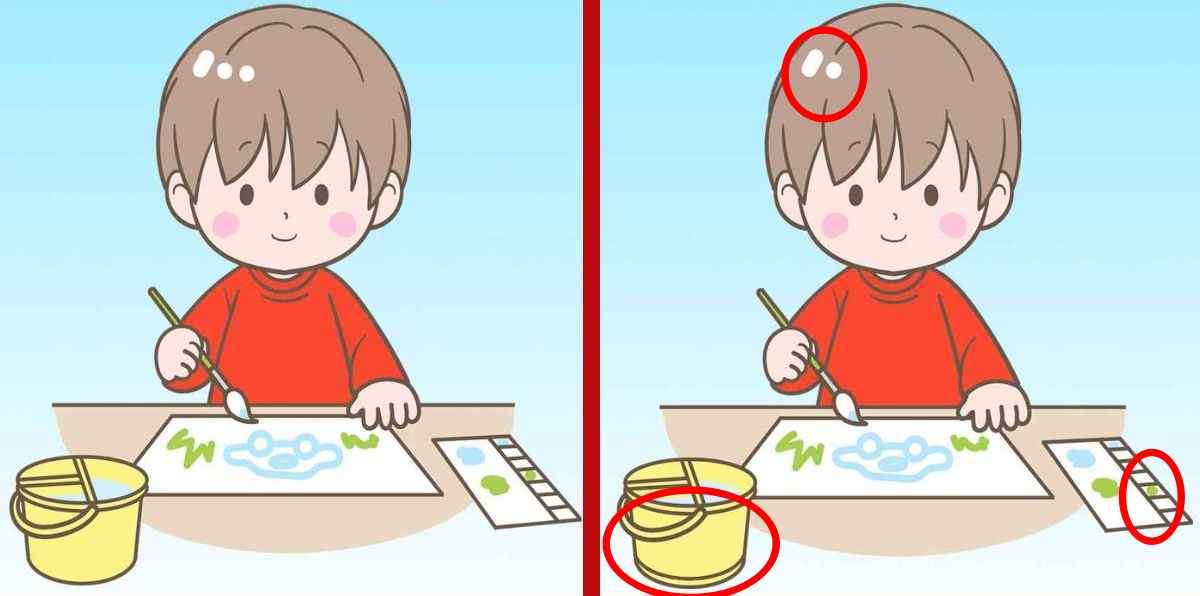 Spot 3 differences between the boy painting pictures in 14 seconds!