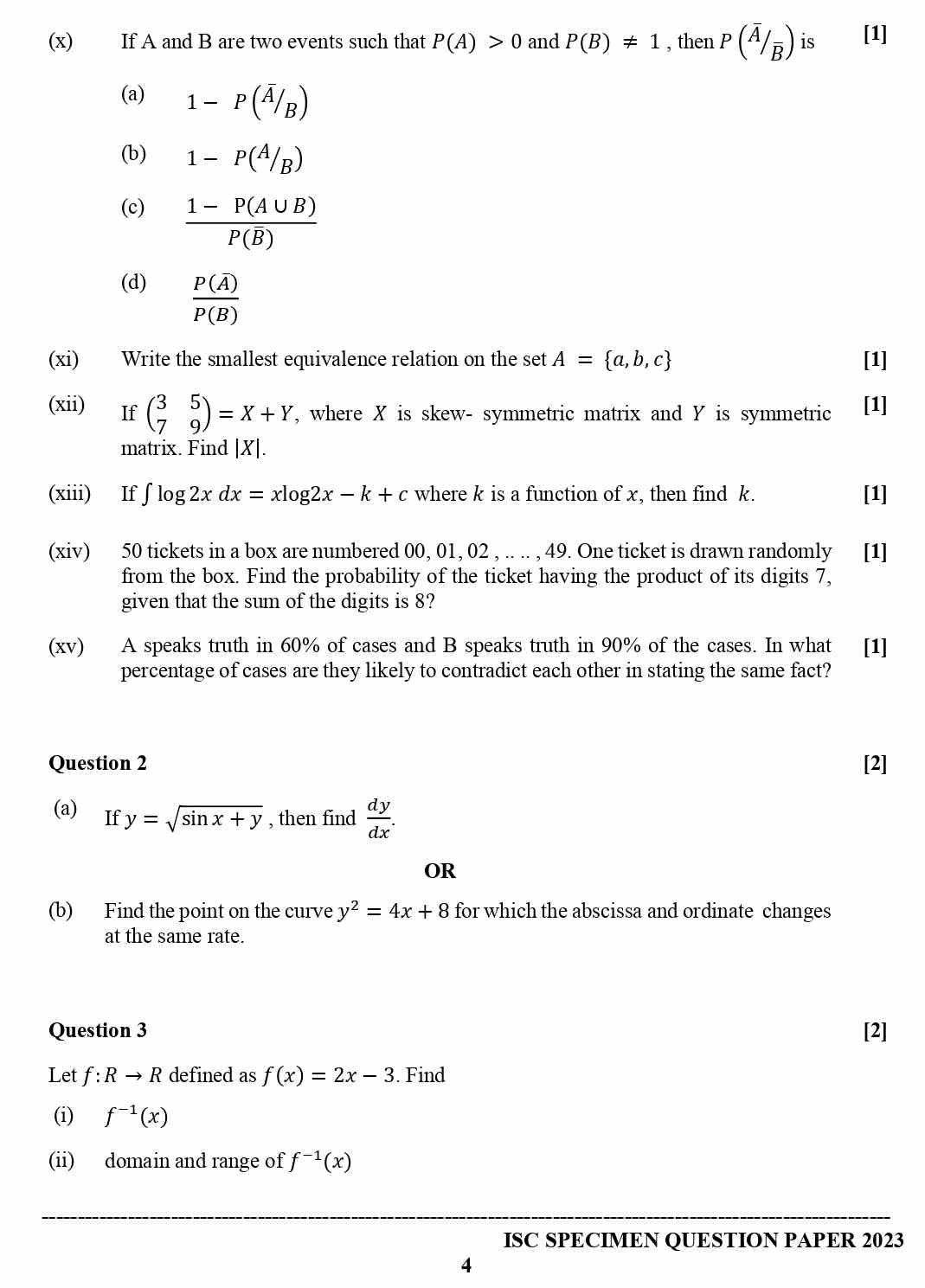 ISC Maths Specimen Paper 2023 CISCE Class 12 Maths Sample Paper