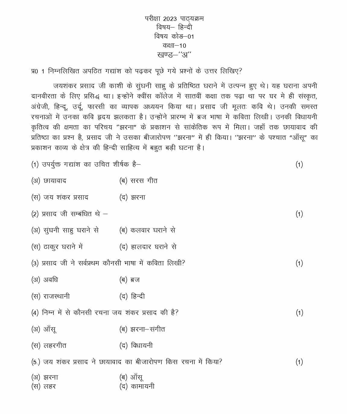 RBSE Class 10th Hindi Model Paper 2023 Download Rajasthan Board Hindi