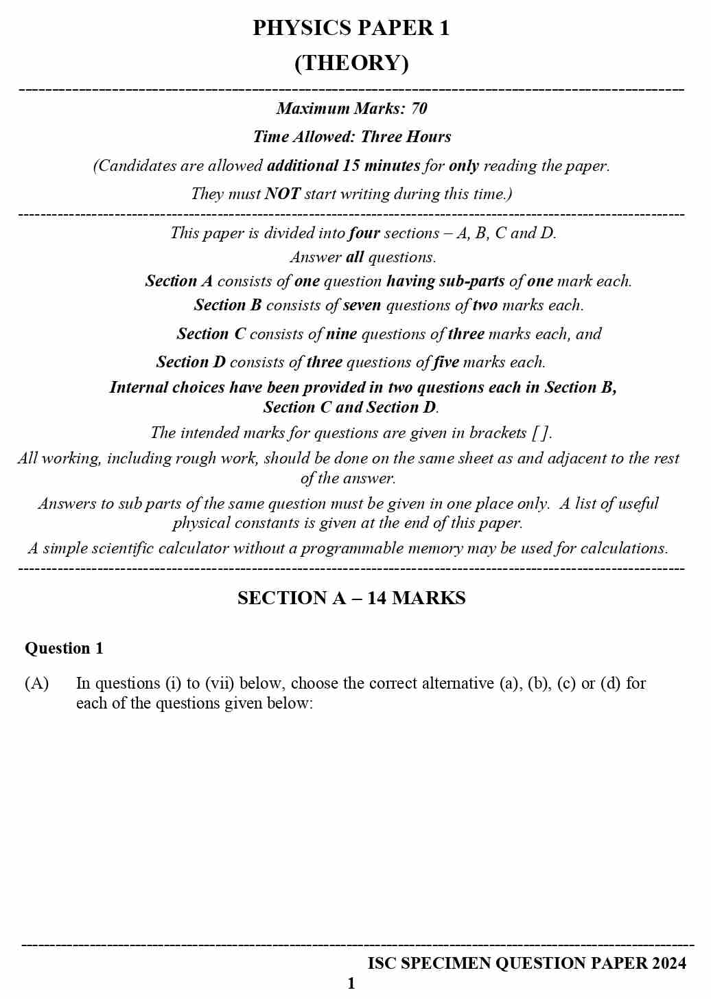 ISC Physics Specimen Paper 2024 CISCE Class 12 Physics Sample Paper