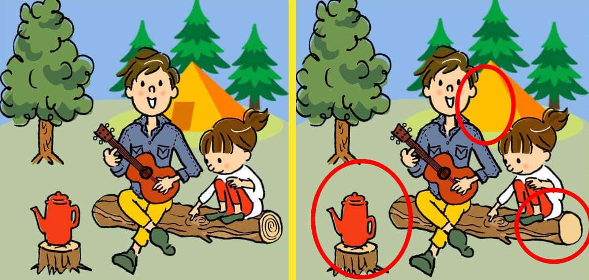Spot 3 differences between the camping pictures in 9 seconds!
