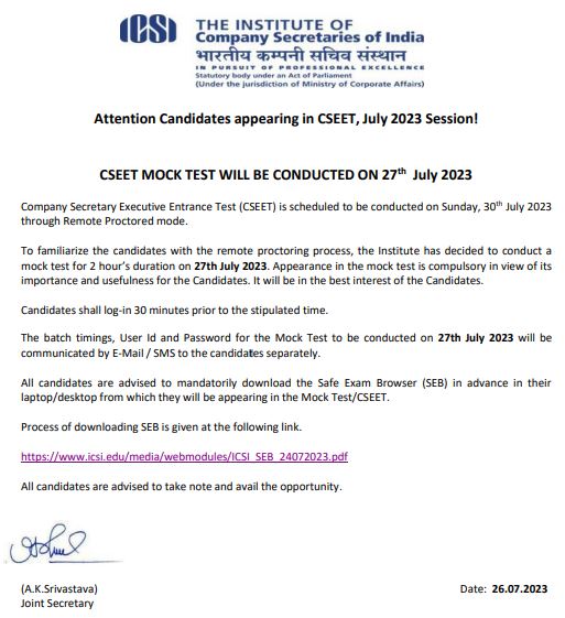 ICSI Mock Test for CSEET July 2023 Today, Check Official Notice Here ... ICSI Mock Test for CSEET July 2023 Today, Check Official Notice Here ...