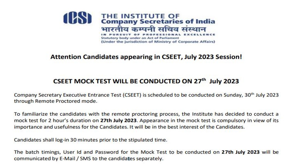 ICSI Mock Test for CSEET July 2023 Today, Check Official Notice Here ... ICSI Mock Test for CSEET July 2023 Today, Check Official Notice Here ...