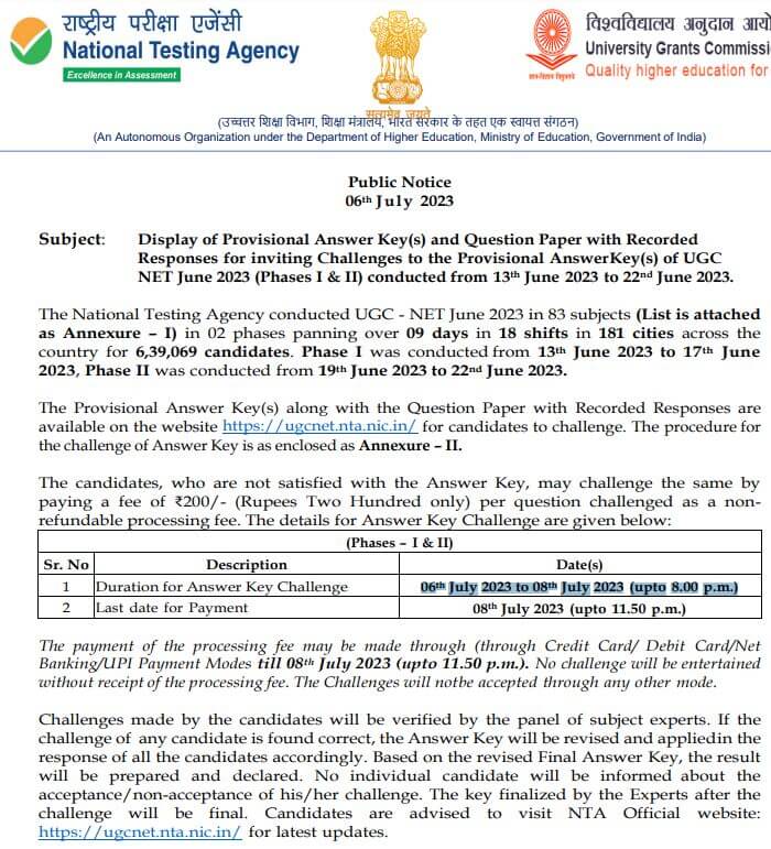 UGC NET Answer Key 2023 Released : NET June Response Sheet, Cut Off ...