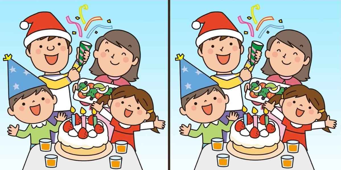 Spot 3 differences between the family celebration pictures in 10 seconds!