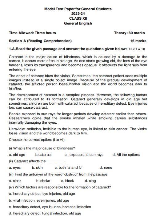 Punjab Board 12th English Model Test Paper 2024: Download Class 12 ...