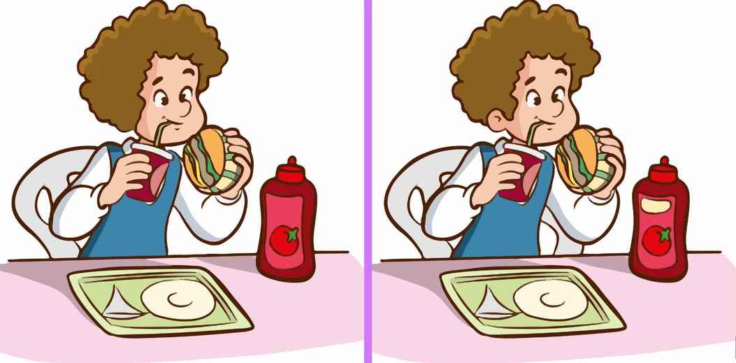 Spot 3 differences between the man eating burger pictures in 8 seconds!
