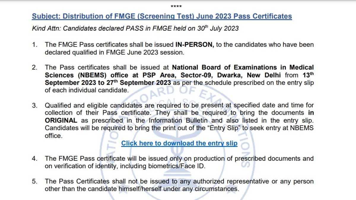 FMGE June Result 2023: Pass certificates to be distributed from Sept 13 ...