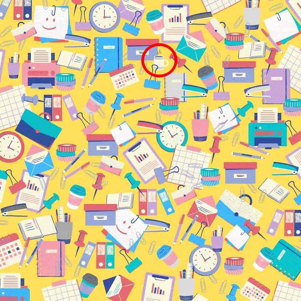Seek and Find: Find the coffee mug among office supplies in 6 seconds!