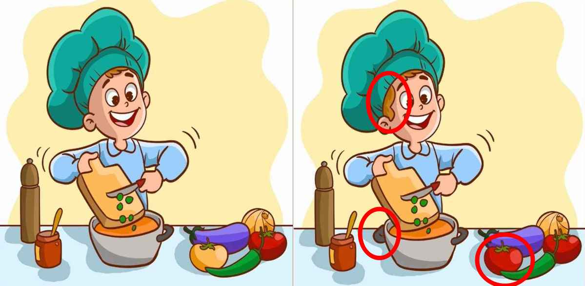 Spot 3 differences between the two chef preparing food pictures in 7 ...