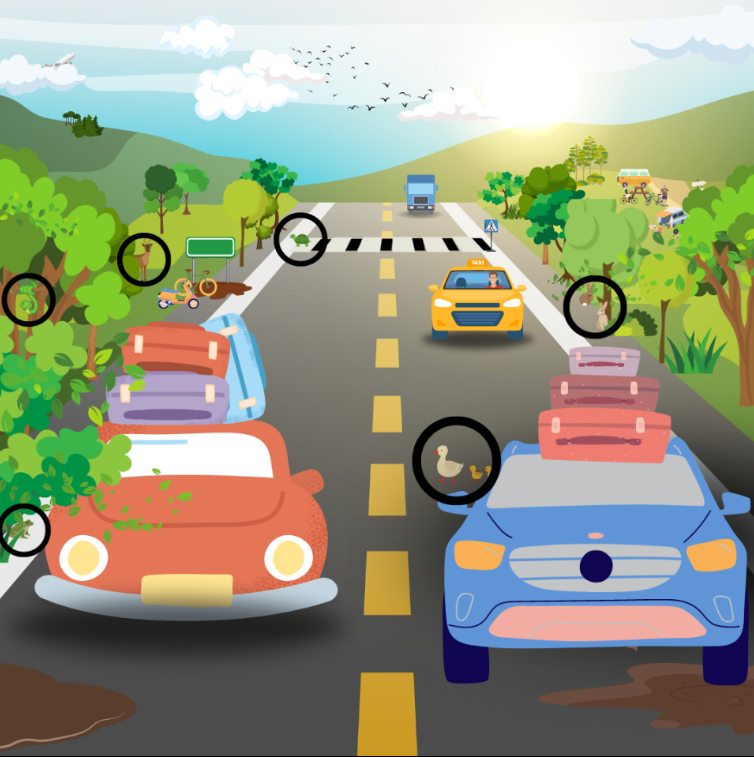 Only an observer can spot 6 animals hidden on the road in 9 seconds.