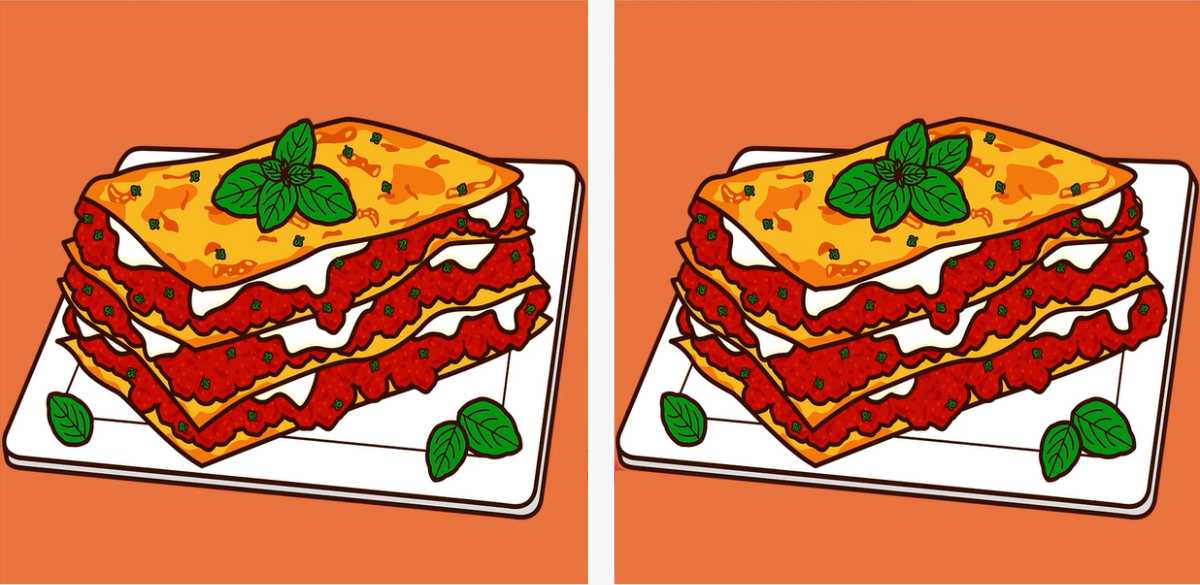 Spot 3 differences in lasagna image within 8 seconds.