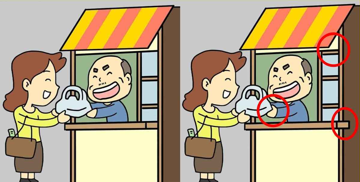 Spot 3 differences between the lady and shopkeeper pictures in 16 seconds!