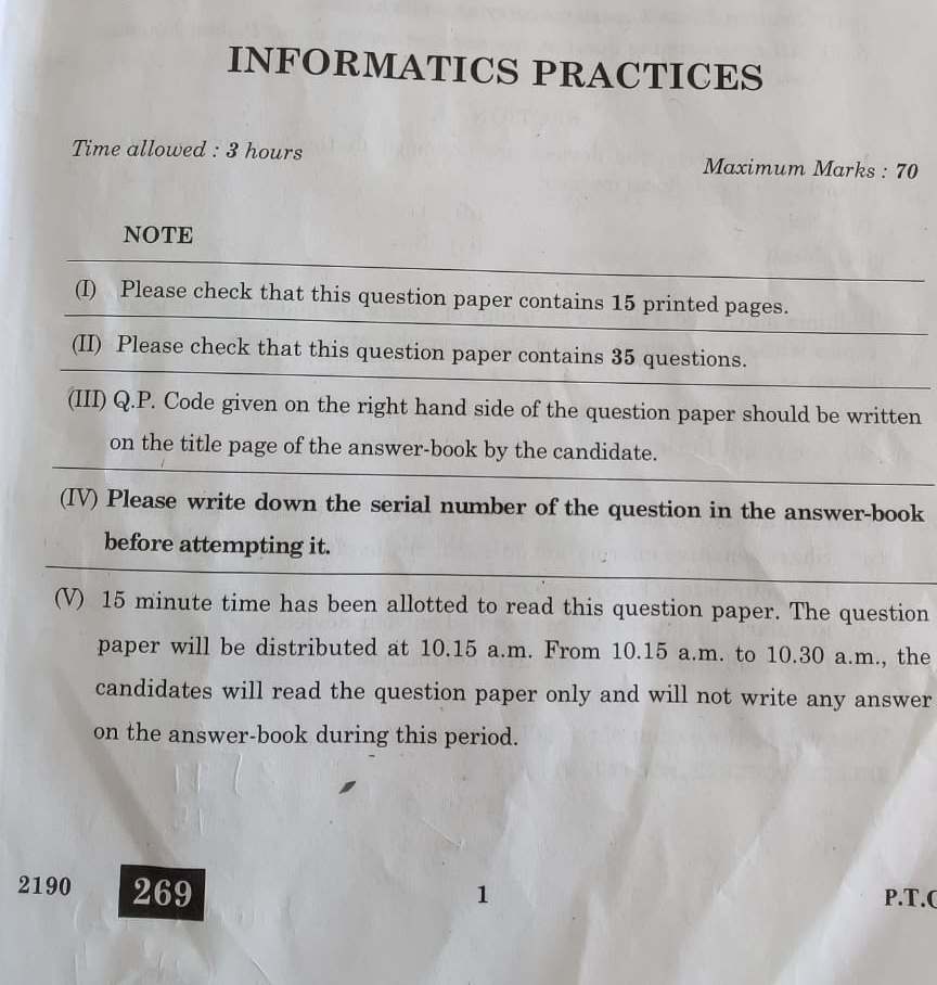 CBSE Class 12 Informatics Practices Question Paper 2024,Download PDF