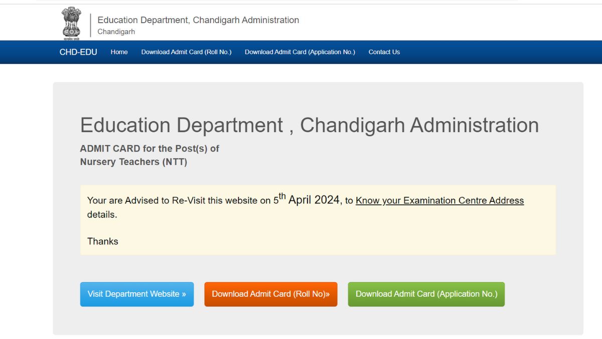 Chandugarh NTT Admit Card OUT 2024: चंड़ीगढ़ एनटीटी परीक्षा के एडमिट ... Chandugarh NTT Admit Card OUT 2024: चंड़ीगढ़ एनटीटी परीक्षा के एडमिट ...
