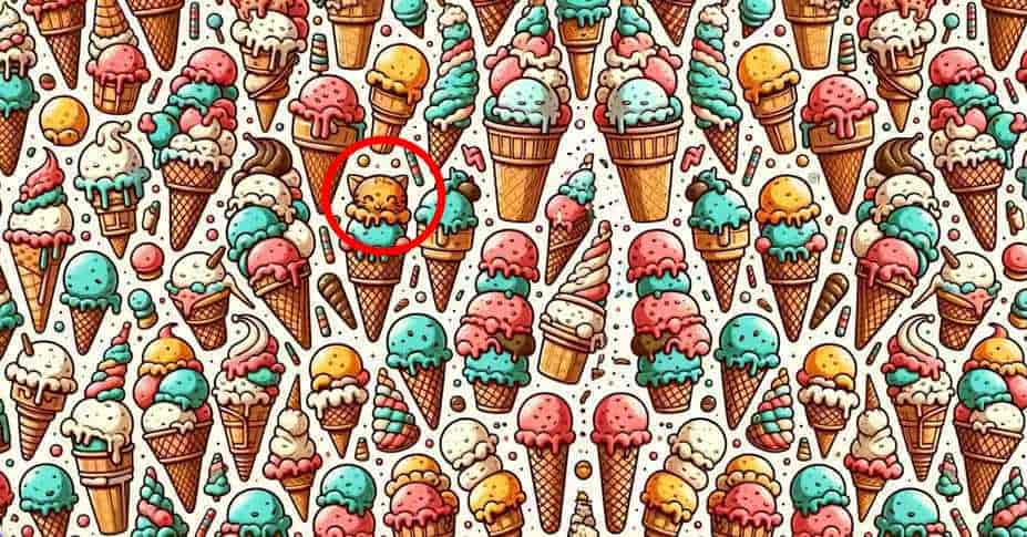 Optical Illusion Eye Test: Find the cat hiding among ice cream cones in ...