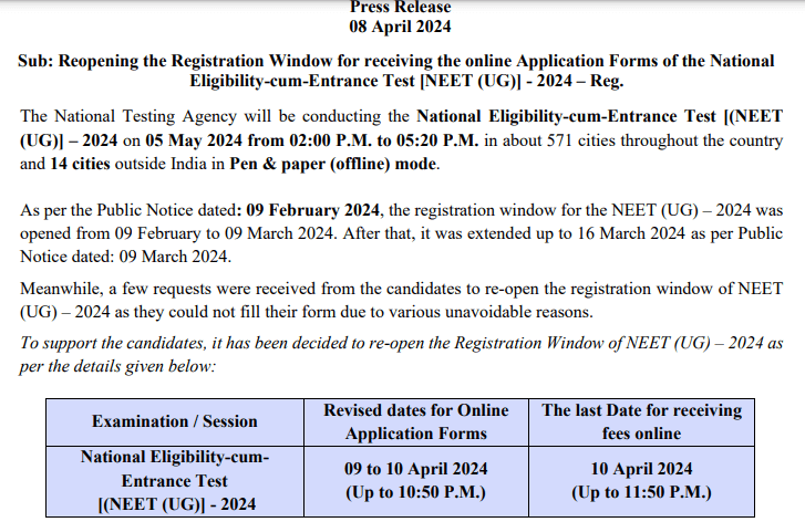 NEET Registration 2024: Registration Link (Re opened), Fee, Steps to ...