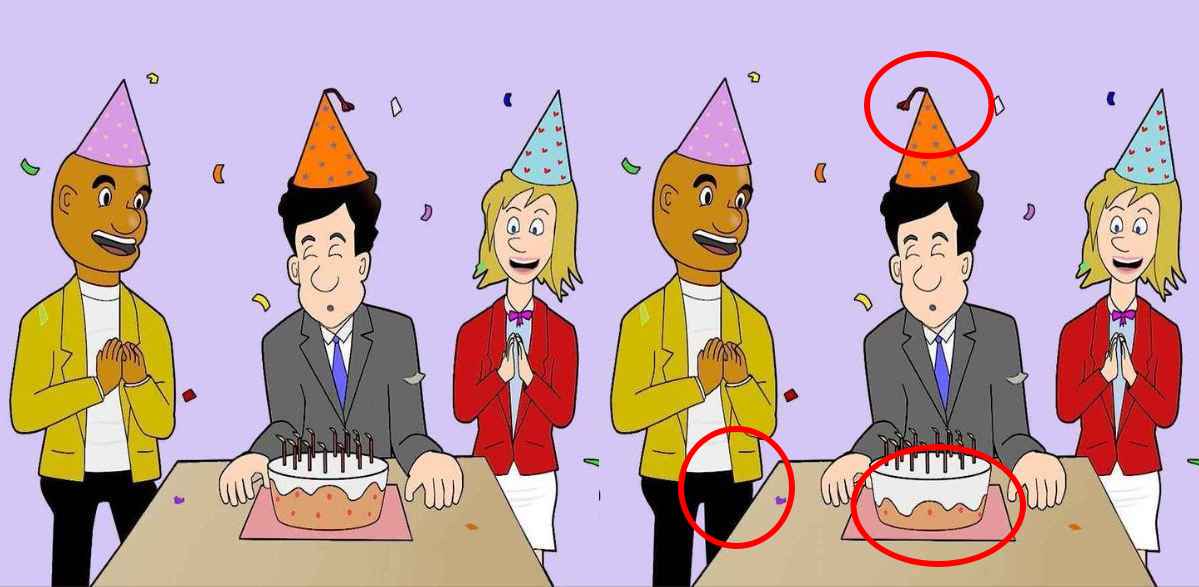 Find 3 differences between the birthday party pictures in 18 seconds!