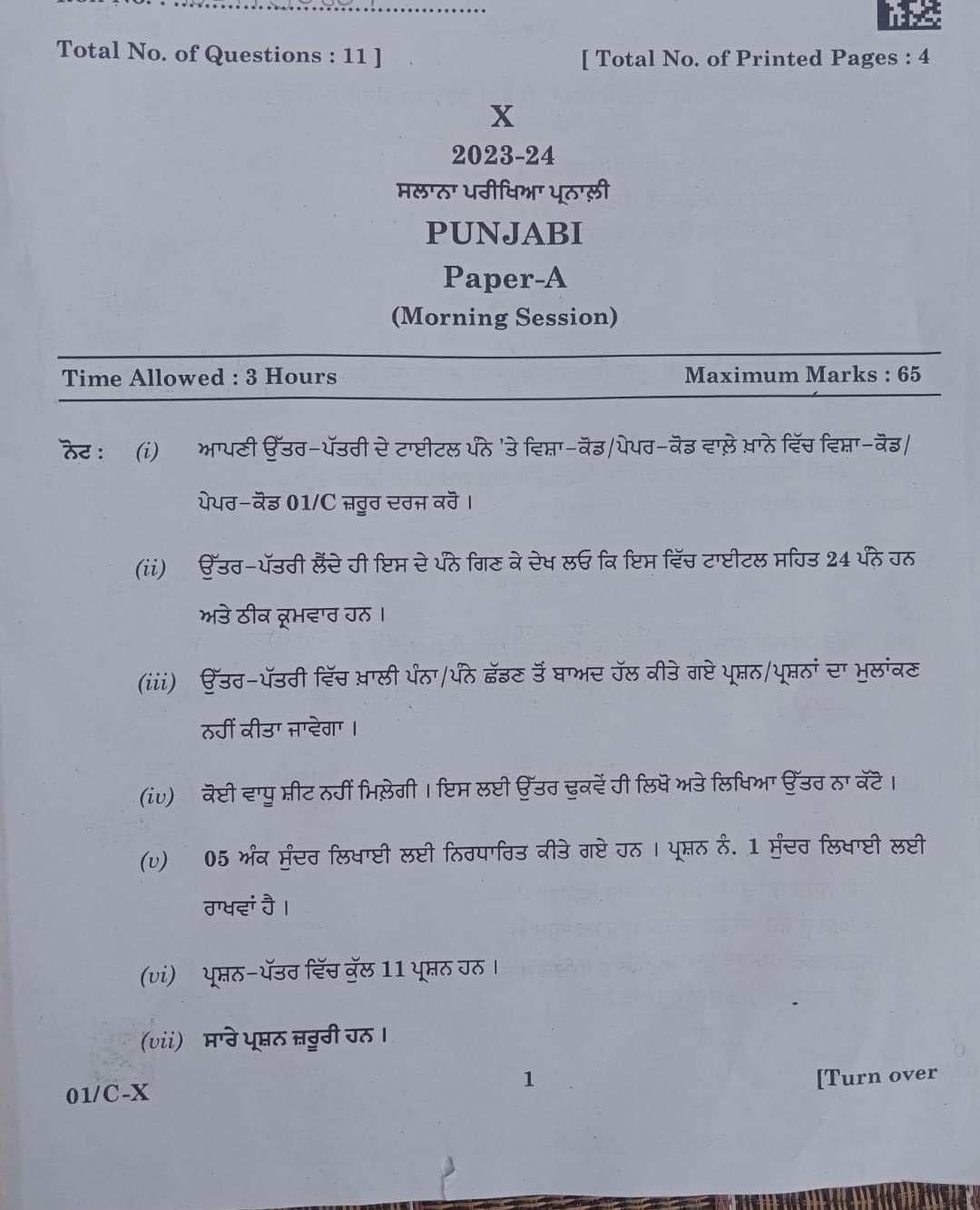 Punjab Board Class 10 Punjabi Question Paper 2024 PDF with Answer Key