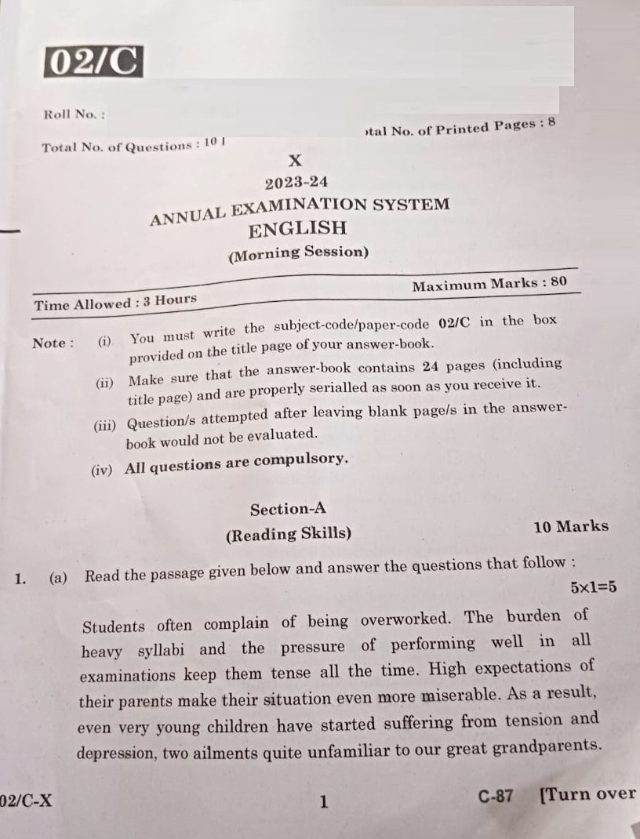 PSEB Class 10 English Question Paper 2024 PDF With Answer Key PSEB Class 10 English Question Paper 2024 PDF With Answer Key