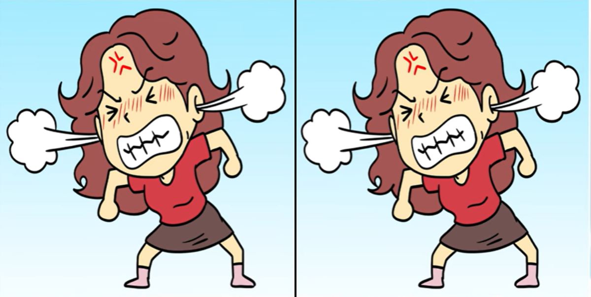 Spot 3 differences between angry woman pictures within 15 seconds.