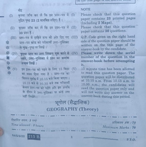 CBSE Class 12 Geography Question Paper 2024 PDF SET 1, 2, and 3