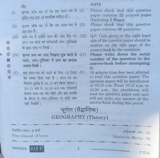 CBSE Class 12 Geography Question Paper 2024 PDF SET 1, 2, and 3