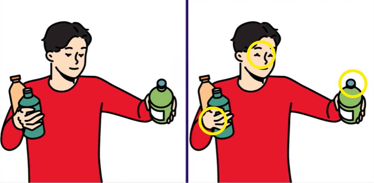 Spot 3 differences between man carrying bottle pictures in 15 seconds.