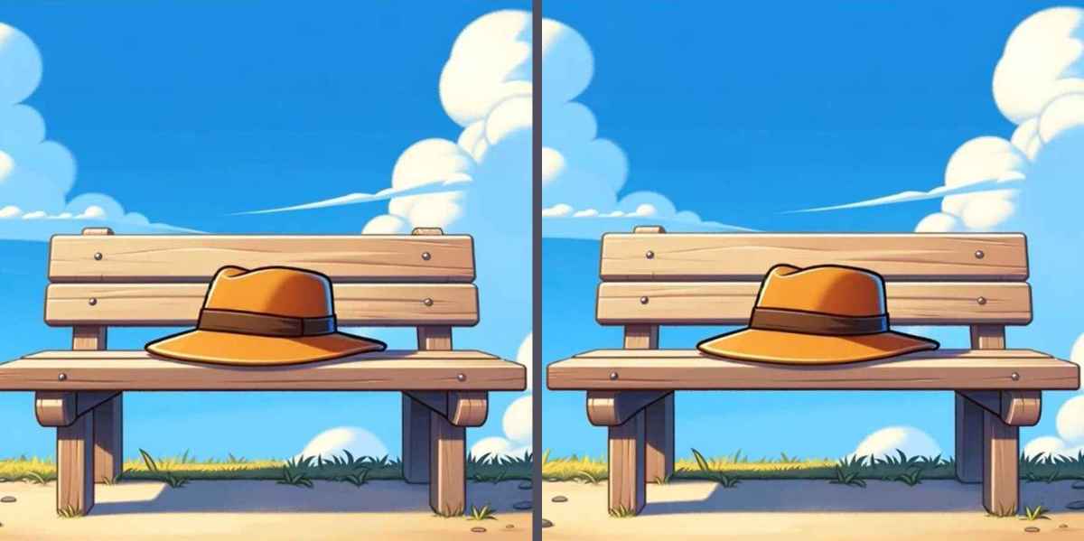 Find 3 differences between the hat on the bench pictures in 9 seconds!